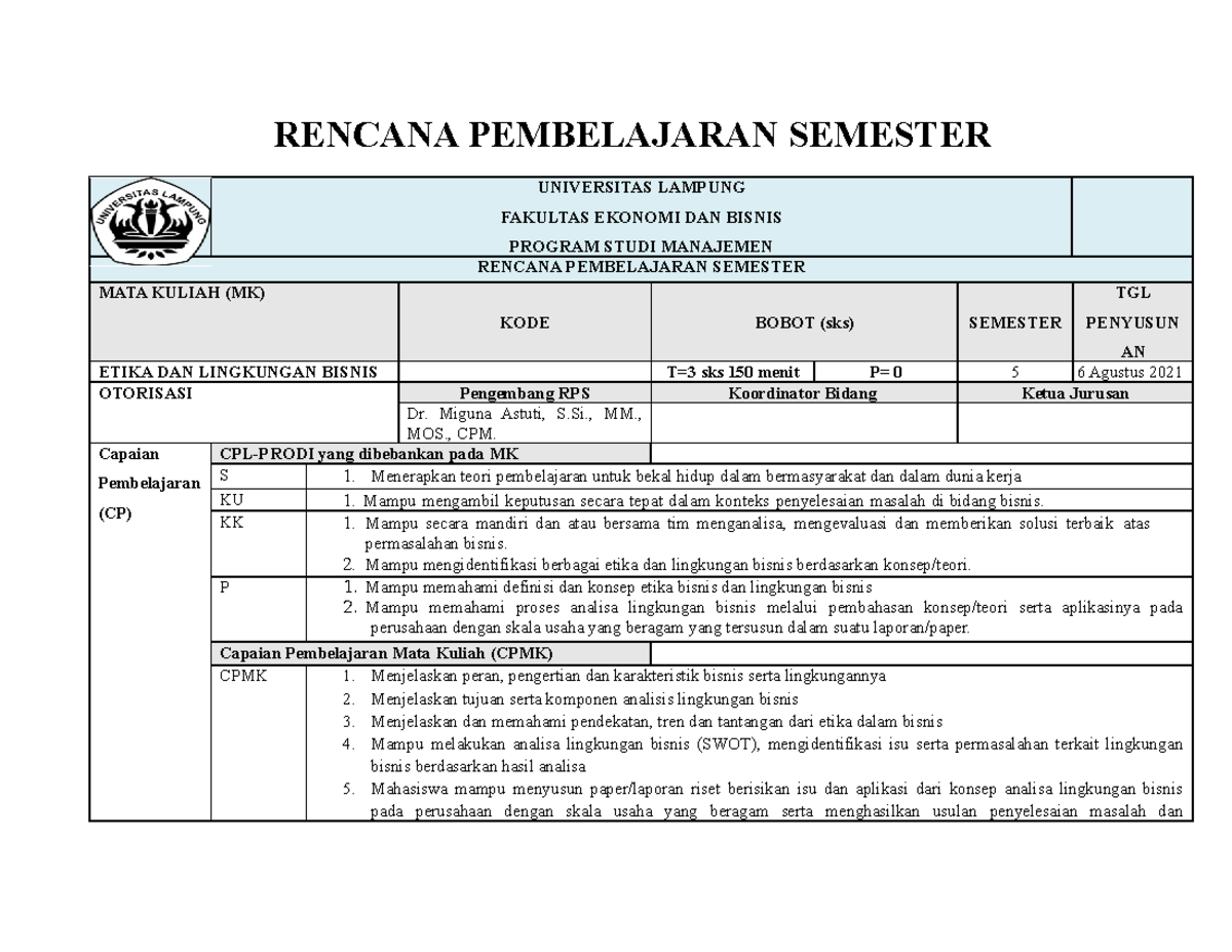 RPS Etika dan Lingkungan Bisnis - RENCANA PEMBELAJARAN SEMESTER ...