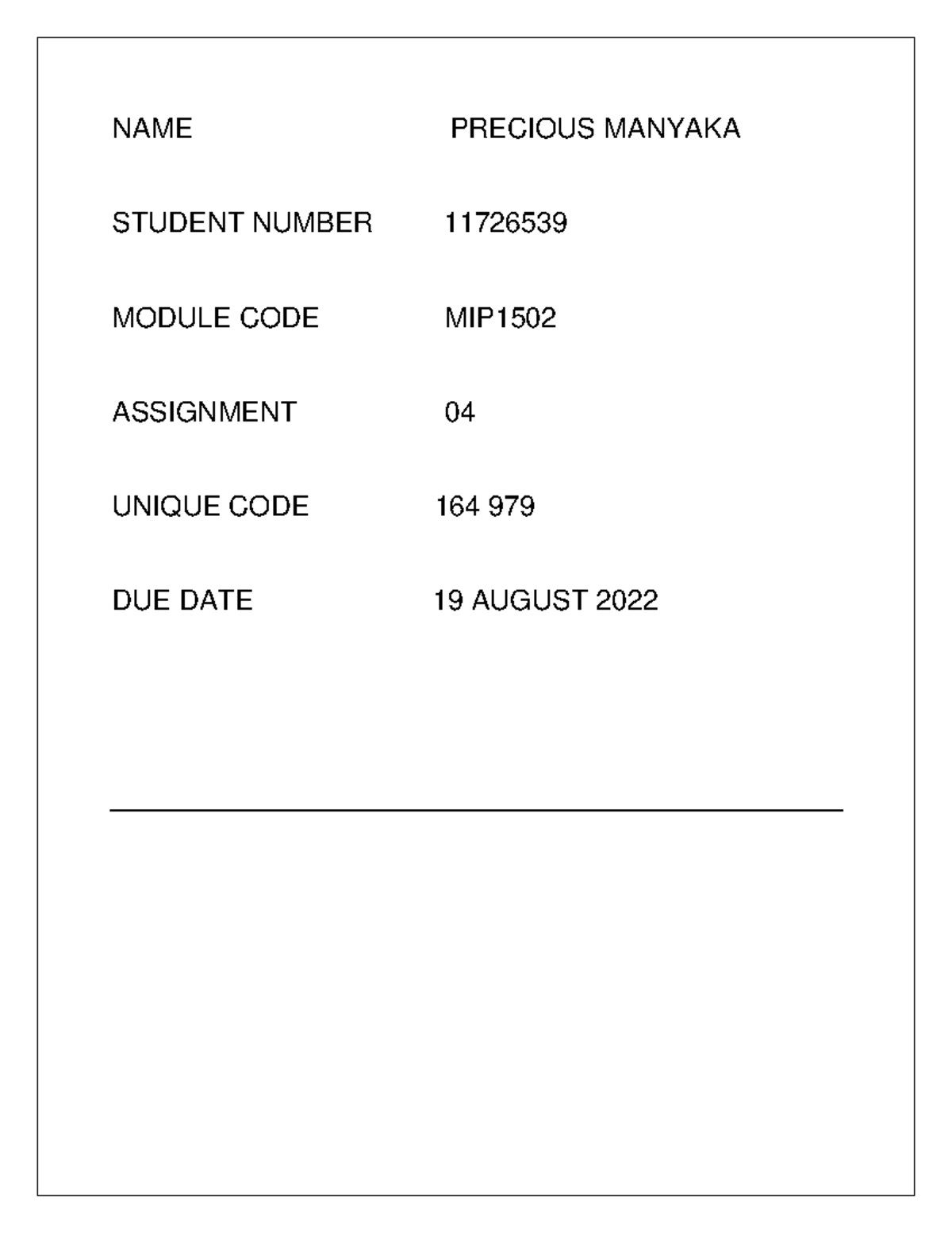 Precious Manyaka 6043728 0 - NAME PRECIOUS MANYAKA STUDENT NUMBER MODULE CODE MIP ASSIGNMENT ...