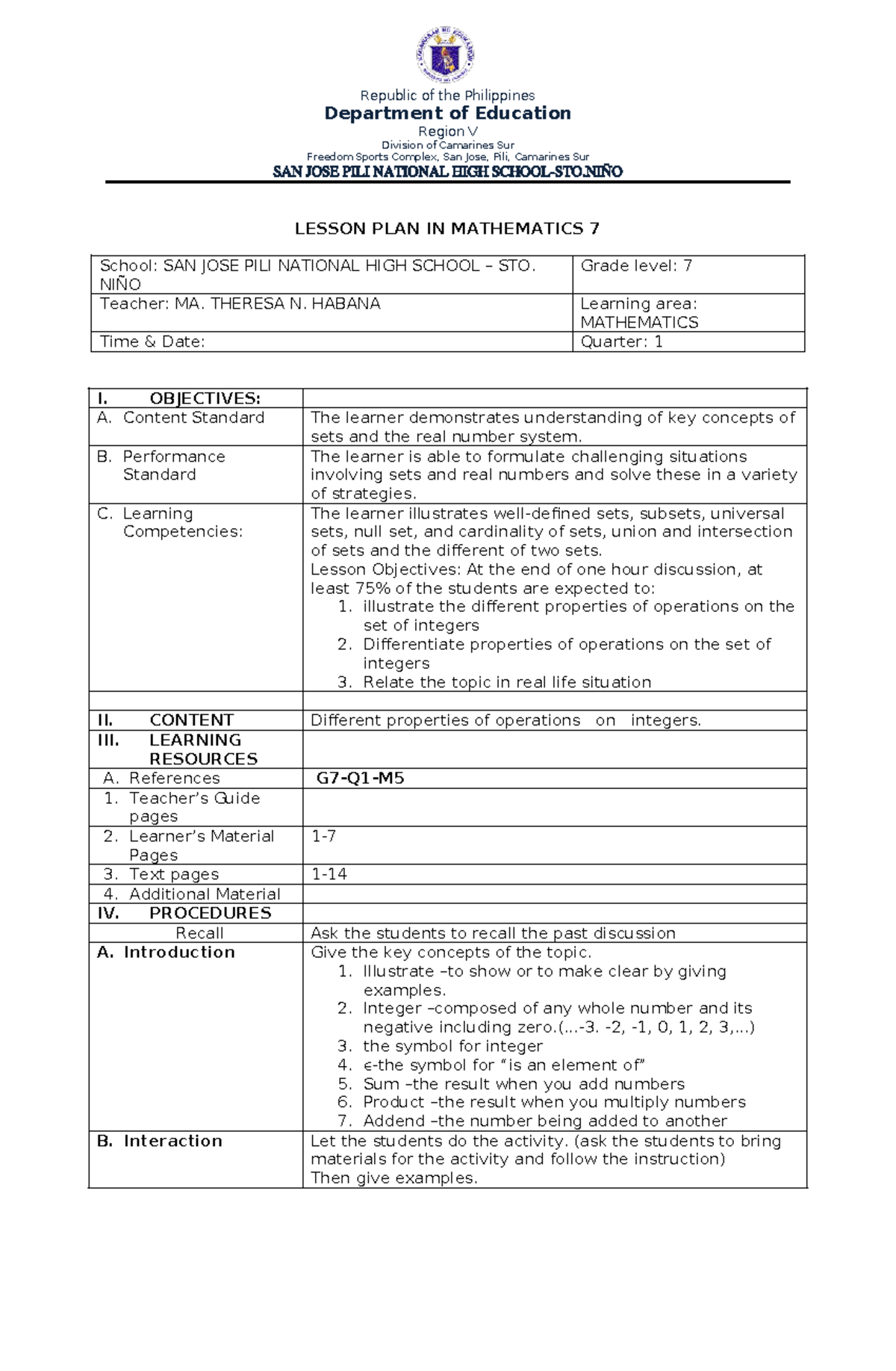 LP - Lesson Plan G11 - Republic of the Philippines Department of ...