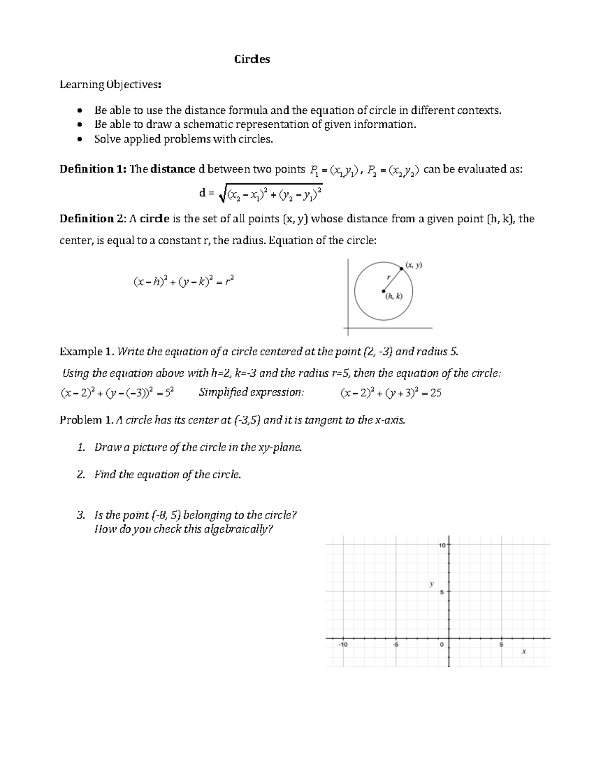 Circles - Precalculus Learning - **Circles ** Learning Objectives ...