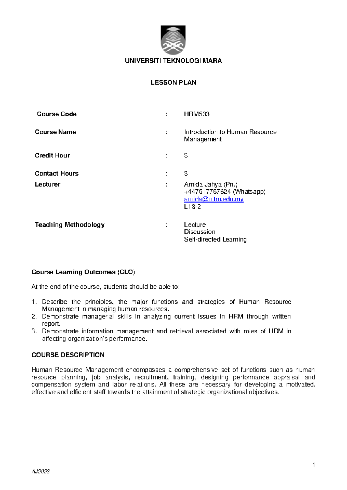 HRM533 - Lesson PLAN BY Arnida - March - August 2023 - 1 UNIVERSITI ...