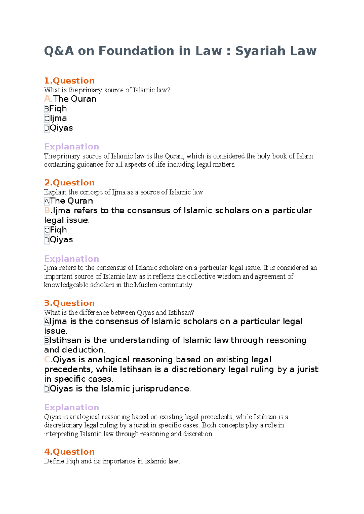 Q&A on Foundation in Law Syariah Law Intro - Q&A on Foundation in Law ...