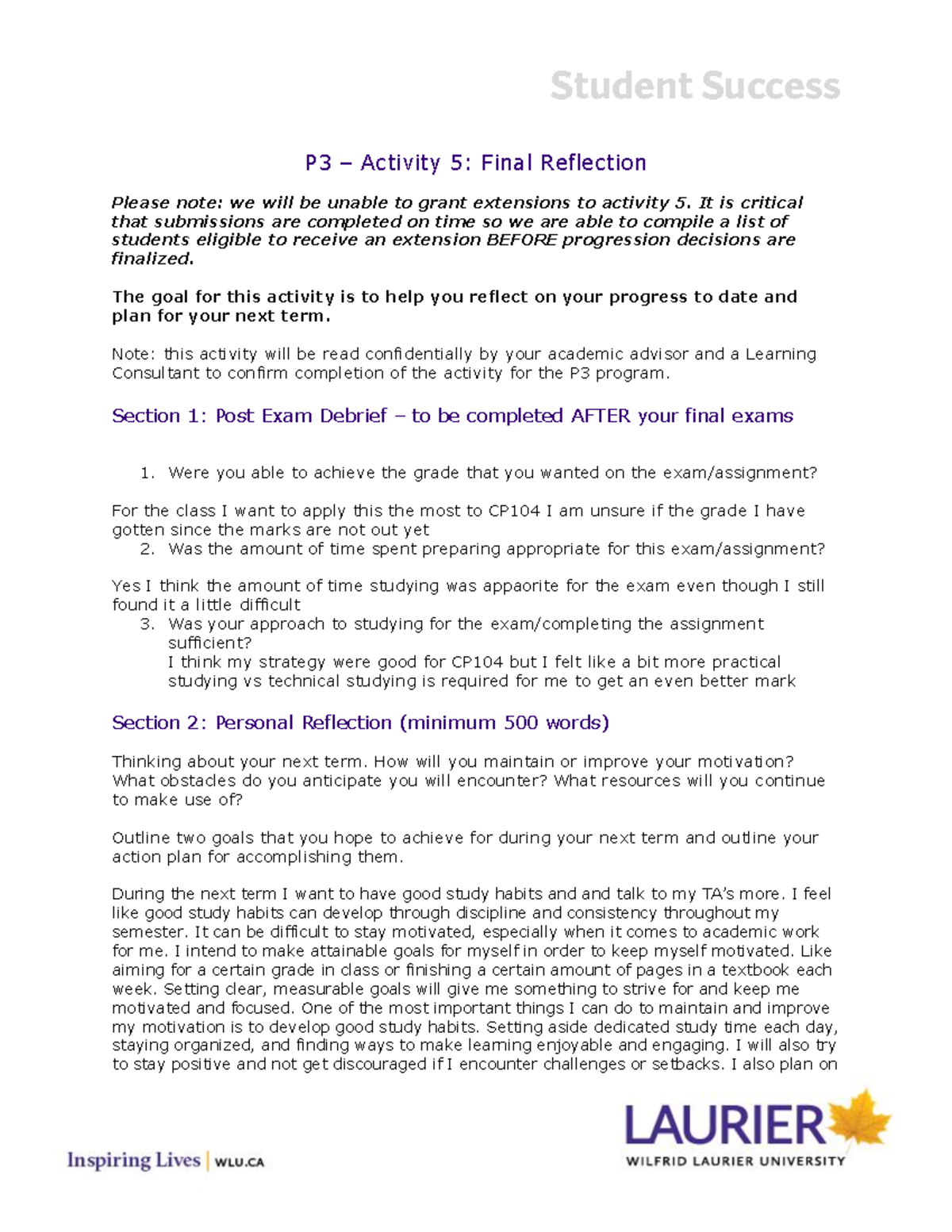 5reflection-P3-final - Student Success P3 – Activity 5: Final ...