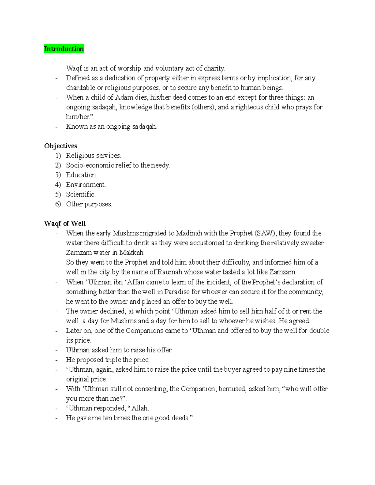 10.0 Waqf - Lecture notes regarding Waqf. - Introduction - Waqf is an ...