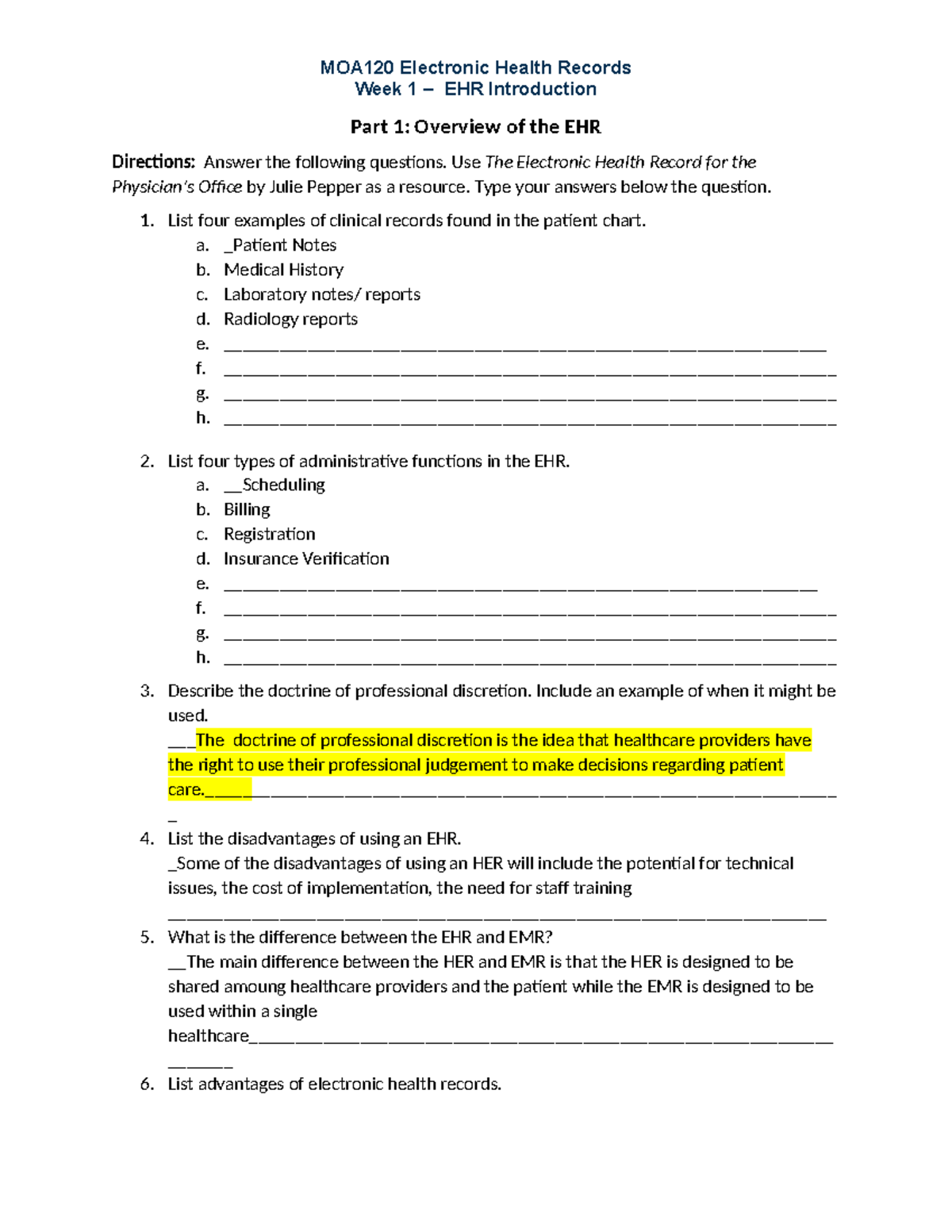 Wk1Assignment-2 homework - Week 1 – EHR Introduction Part 1: Overview ...