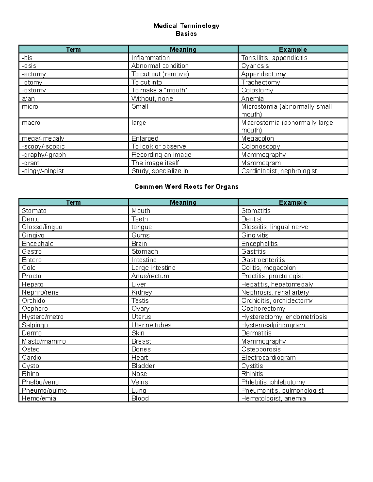 Medical Terminology - Medical Terminology Basics Term Meaning Example ...