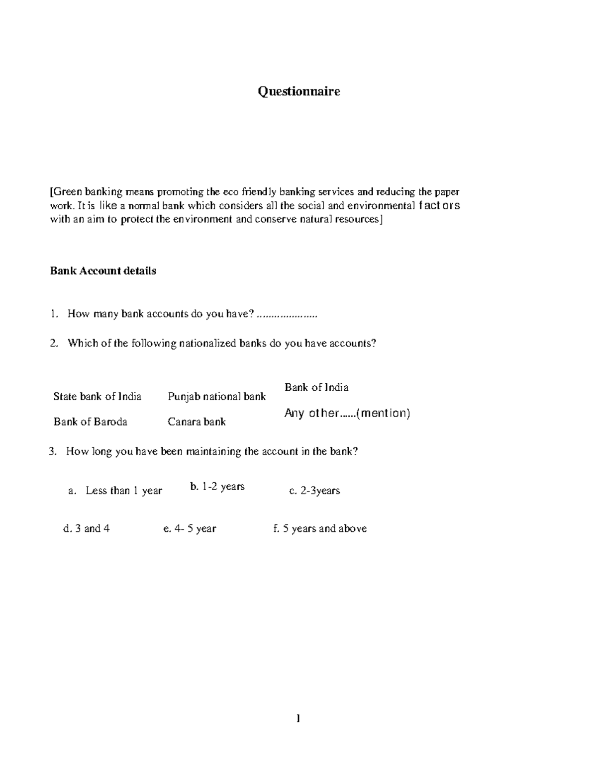 1questionnaire I Questionnaire Punjab National Bank Canara Bank State