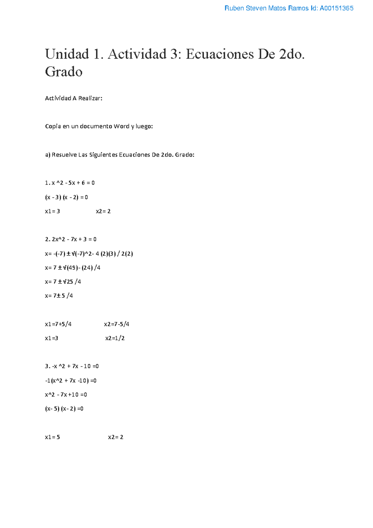 Unidad 1. Actividad 3 Ecuaciones De 2do. Grado - Unidad 1. Actividad 3 ...