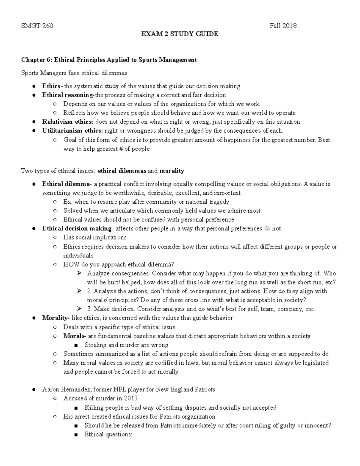 Sport Management Notes - Exam 2 - SMGT 260 Fall 2018 EXAM 2 STUDY GUIDE ...