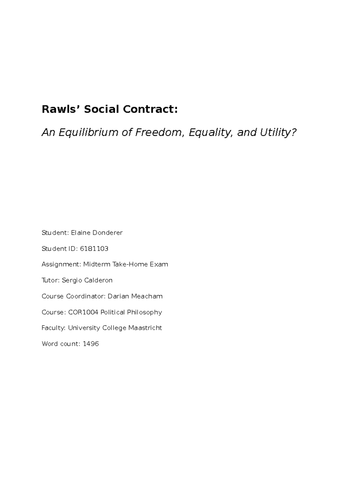 COR1004 Midterm 6181103 - Rawls’ Social Contract: An Equilibrium of ...