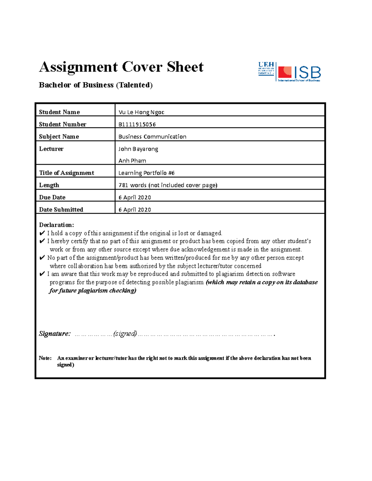Learning portfolio week 6 BC - Assignment Cover Sheet Bachelor of ...