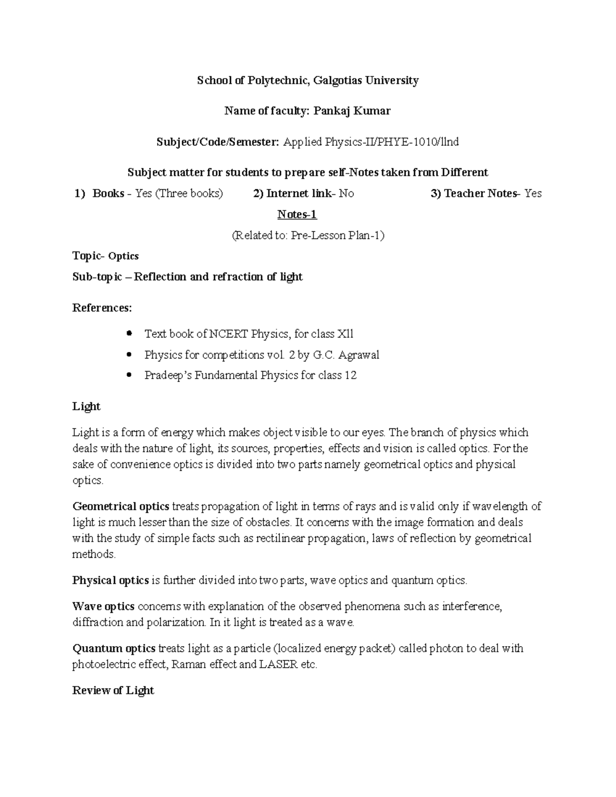 Notes 1 - Optics - School of Polytechnic, Galgotias University Name of ...