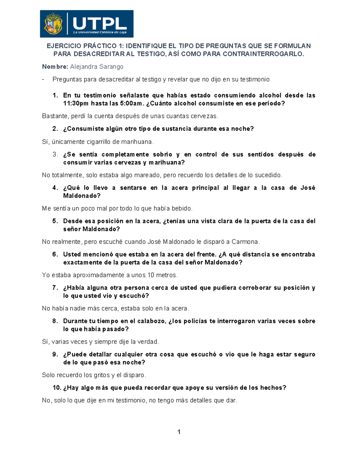 Contrainterrogatorio Sarango Alejandra - EJERCICIO PRÁCTICO 1: IDENTIFIQUE EL TIPO DE PREGUNTAS ...