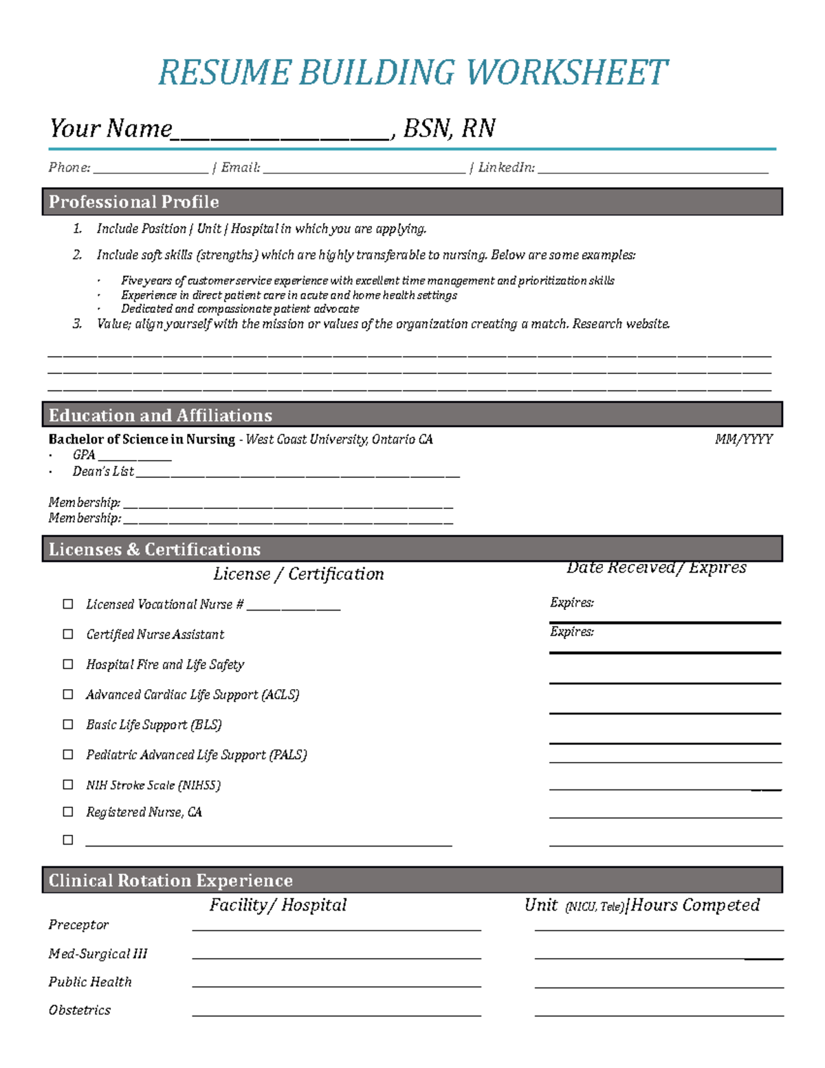 Resume Building Worksheet 2018 - RESUME BUILDING WORKSHEET Your Name