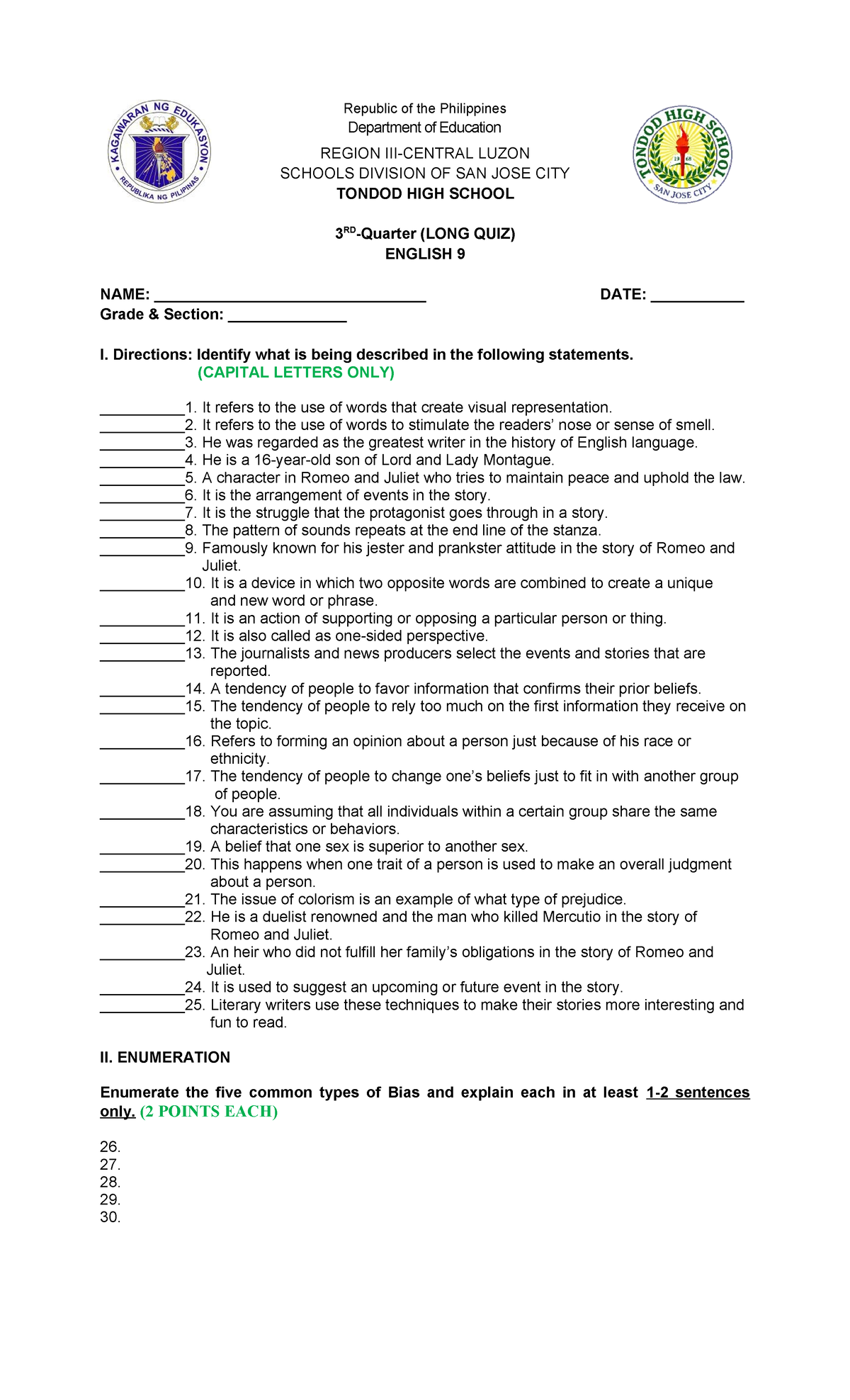 Grade 9 English LONG QUIZ - Republic of the Philippines Department of ...
