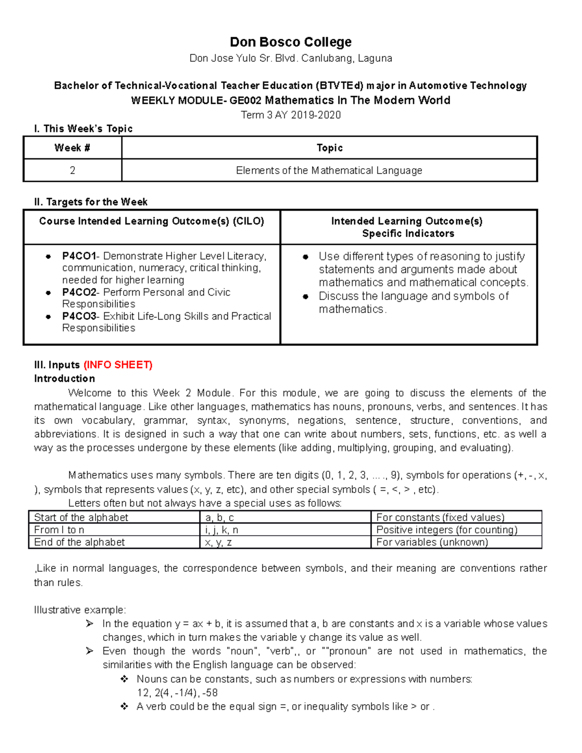 Week 2 Module. Mathematics in the Modern World - Don Bosco College Don ...