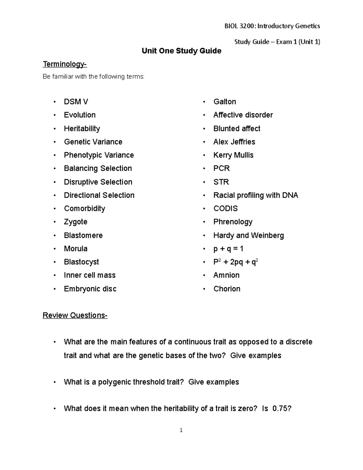 2021 BIOL 3200 Genetics Study Guide Unit One Exam One Review - Study ...