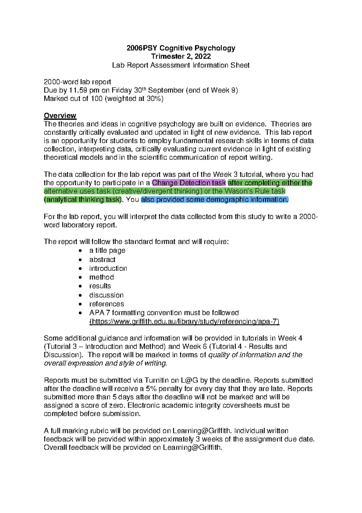 2006 PSY Lab Report Info 2022 - 2006PSY Cognitive Psychology Trimester ...