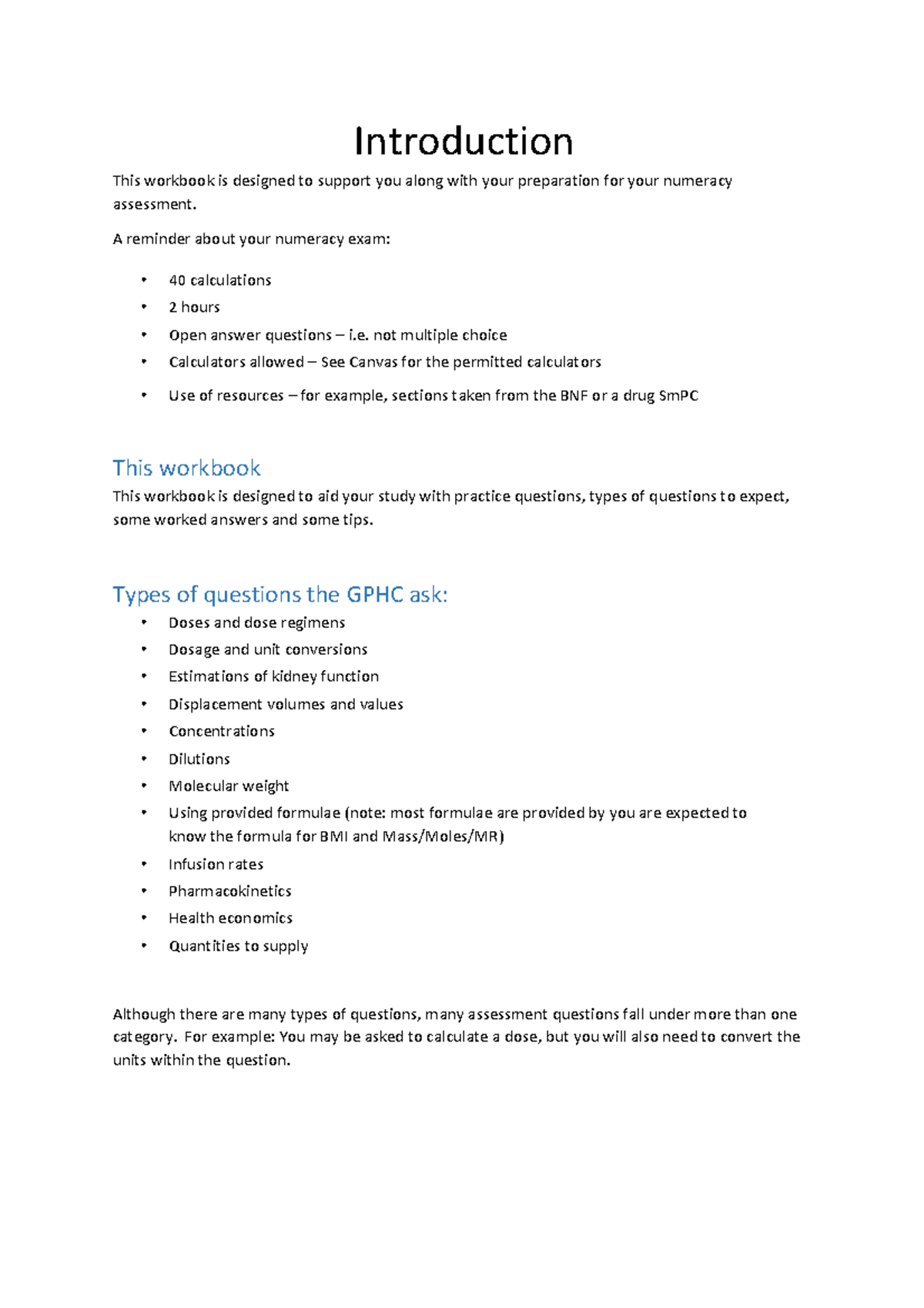 Numeracy Workbook 2020 2021 - Introduction This workbook is designed to ...