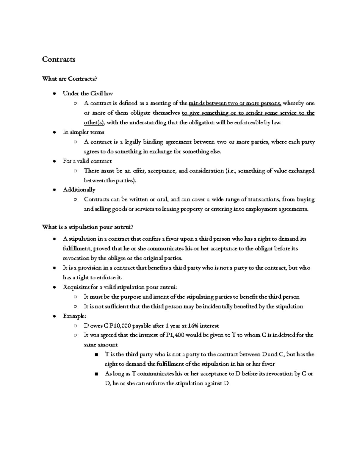 Contracts Notes - Contracts What are Contracts? Under the Civil law A ...
