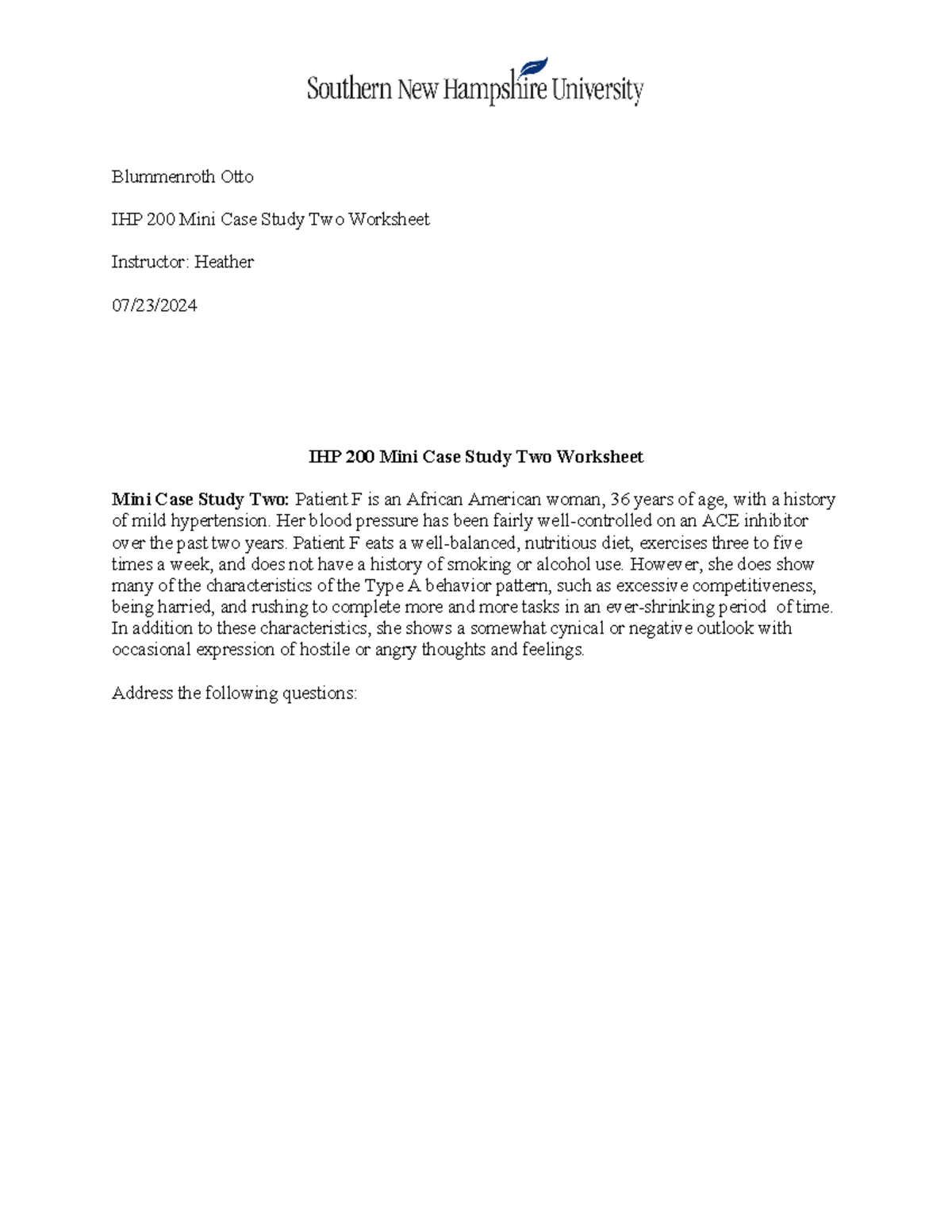 Ihp200 mini case study two worksheet - Blummenroth Otto IHP 200 Mini Case Study Two Worksheet ...