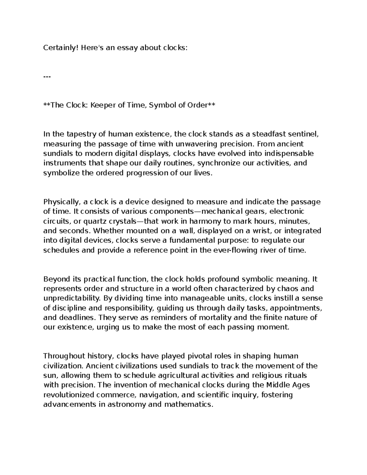 Certainl 3 - English essays - Certainly! Here's an essay about clocks: The Clock: Keeper of Time ...