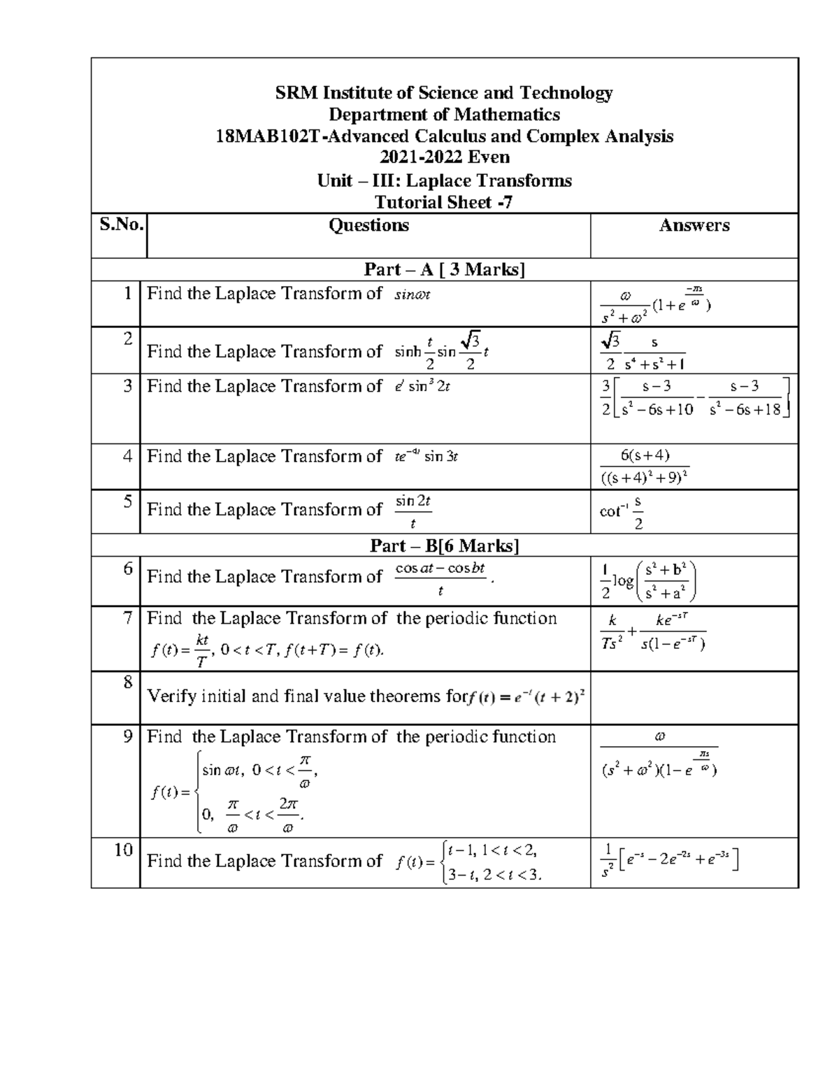 LAPLACE TRANSFORM TUTORIAL SHEET 1 - SRM Institute of Science and Technology Department of - Studocu