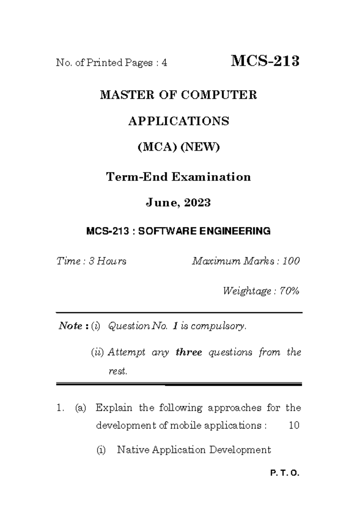 MCS-213 - P. T. O. No. of Printed Pages : 4 MCS- MASTER OF COMPUTER APPLICATIONS (MCA) (NEW ...