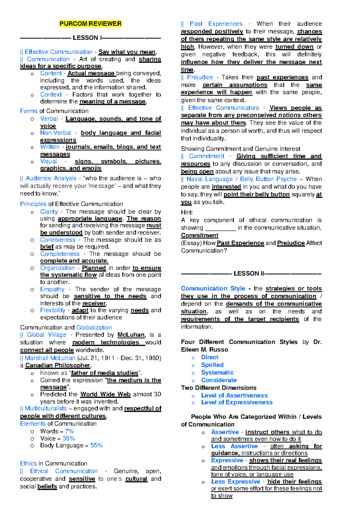 Purcom- Reviewer Midterms - PURCOM REVIEWER - LESSON I- || Effective Communication - Say what ...