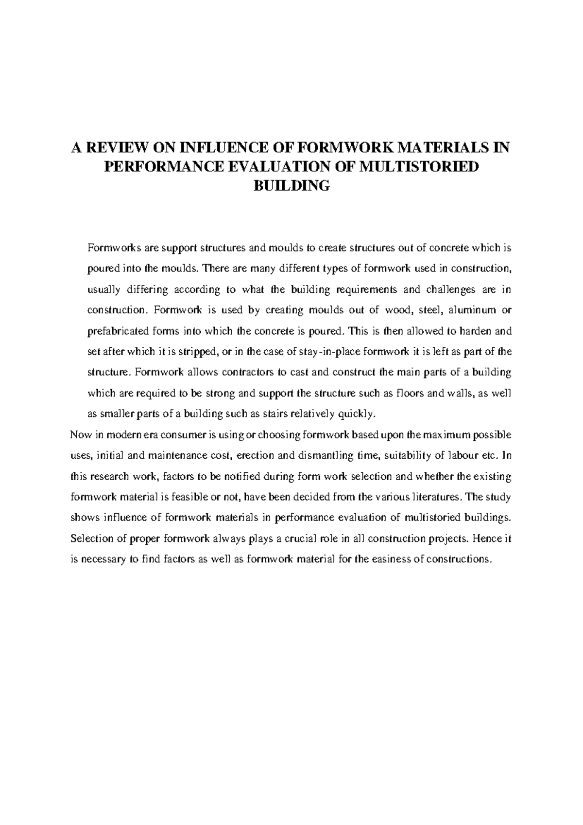 Enviornmental engineering - A REVIEW ON INFLUENCE OF FORMWORK MATERIALS ...