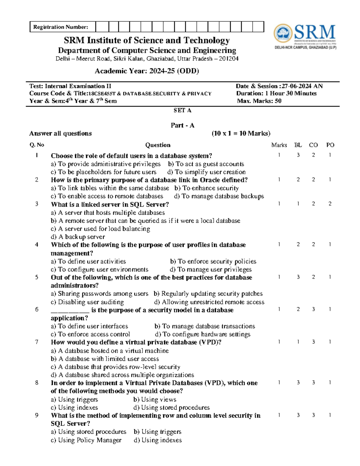 Question paper - B.Tech (IE II) - Registration Number: SRM Institute of ...