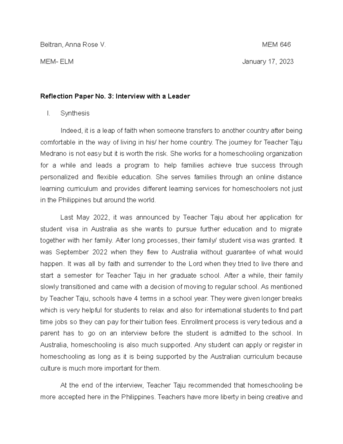 Reflection Paper No. 3 - Beltran, Anna Rose V. MEM 646 MEM- ELM January ...