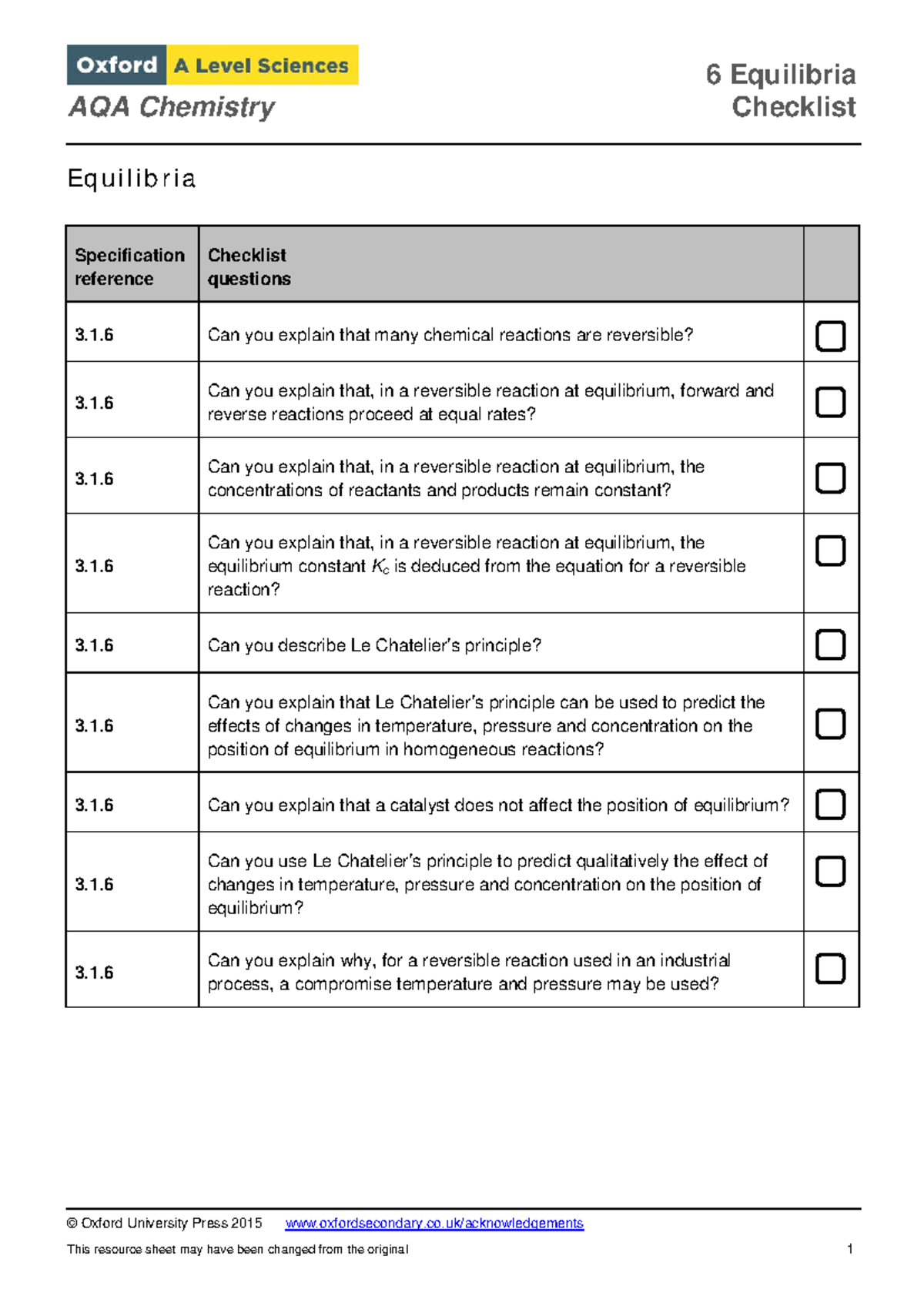 Equlibria checklist - 6 Equilibria AQA Chemistry Checklist Equilibria ...