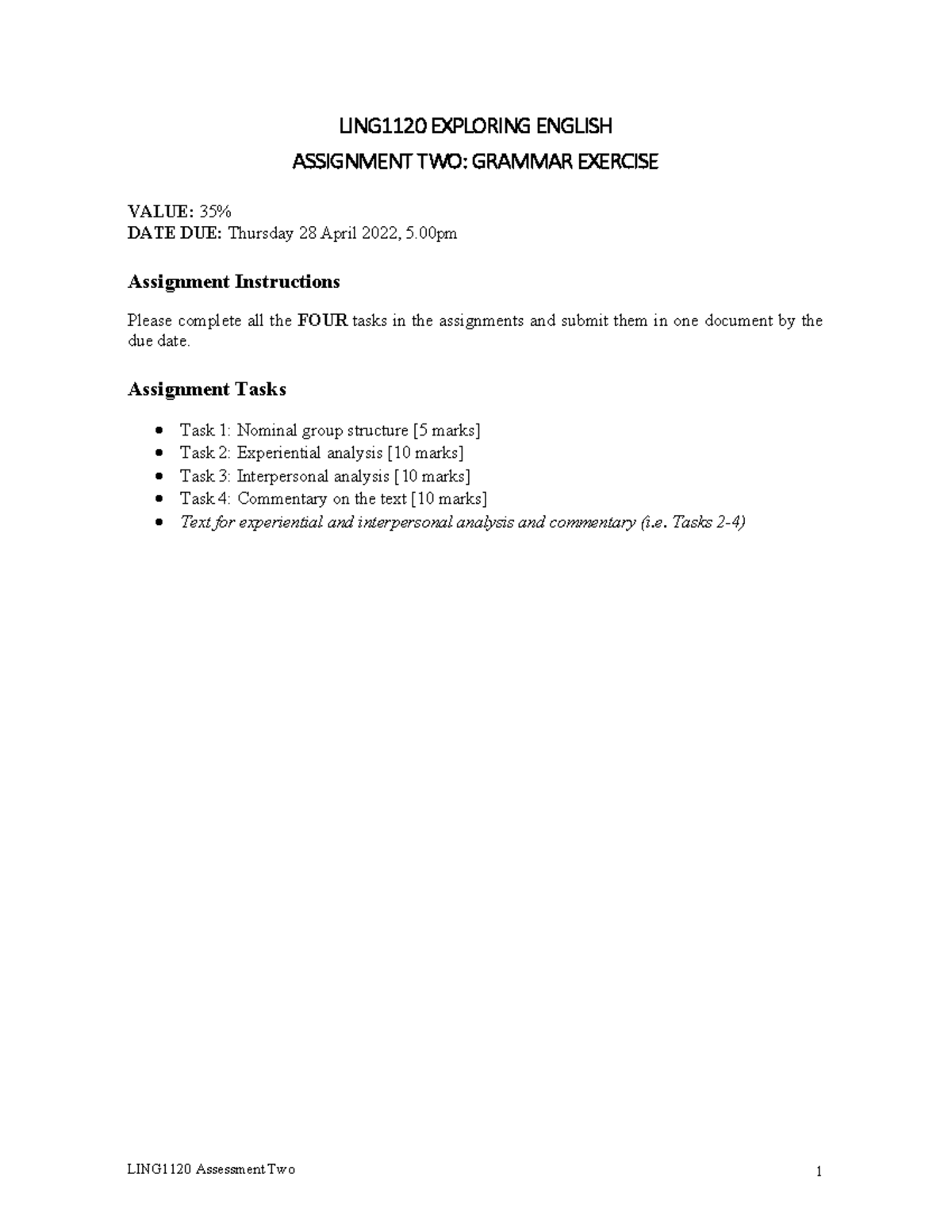 LING1220 Assessment 2 - LING 1120 EXPLORING ENGLISH ASSIGNMENT TWO: GRAMMAR EXERCISE VALUE: 35% ...