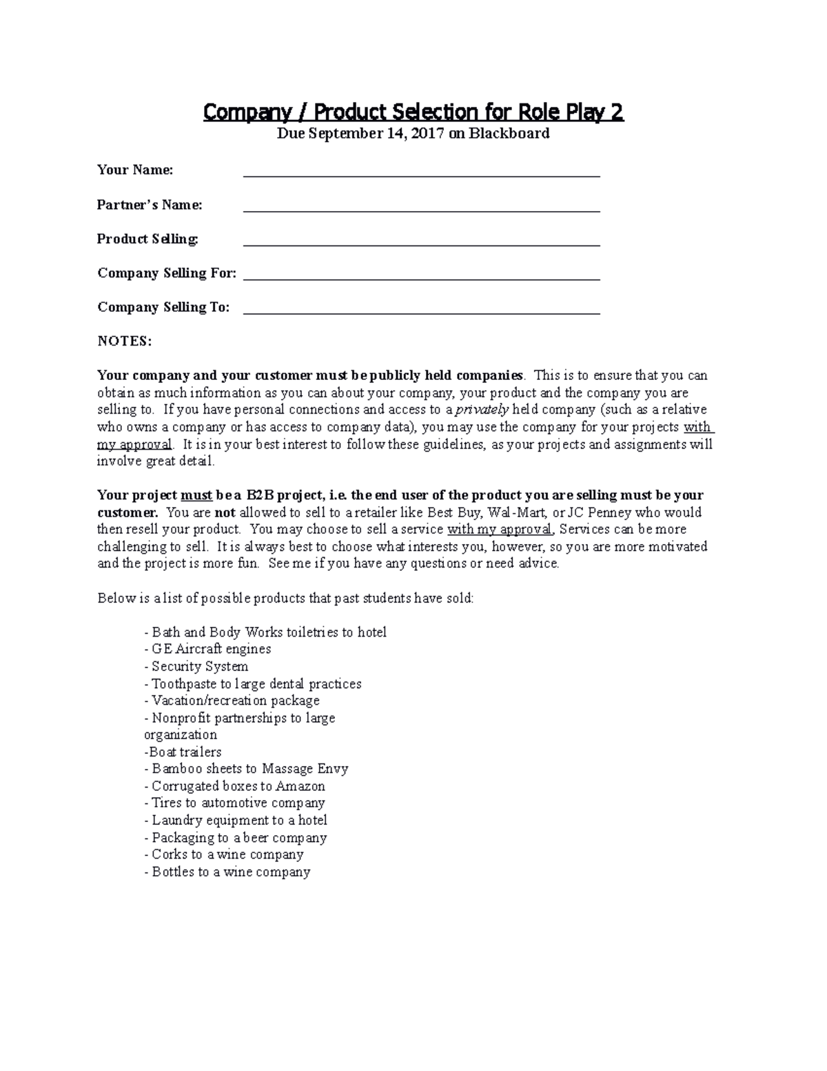 Company Selection Form - Company / Product Selection for Role Play 2 ...