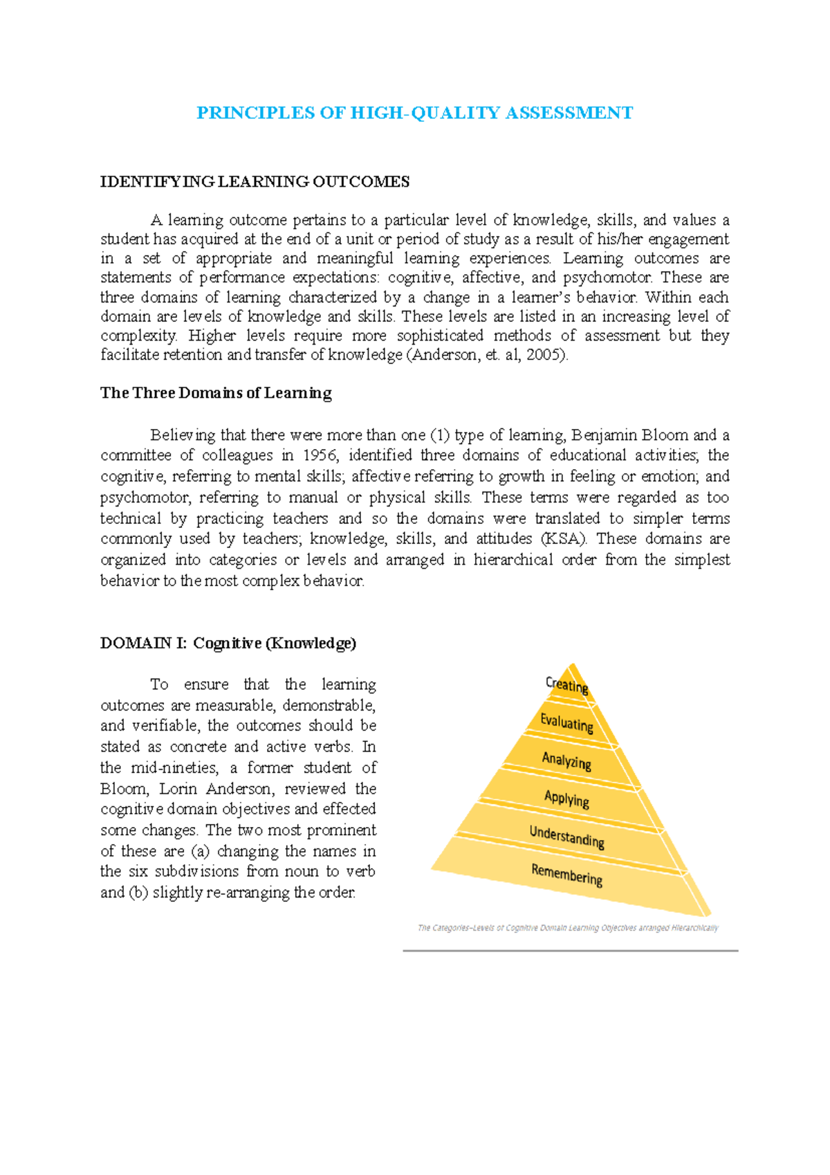 Principles OF HIGH - PRINCIPLES OF HIGH-QUALITY ASSESSMENT IDENTIFYING LEARNING OUTCOMES A ...