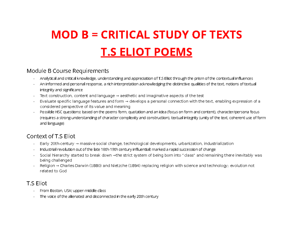 TS Eliot Notes by E - Essay - MOD B = CRITICAL STUDY OF TEXTS T ELIOT ...