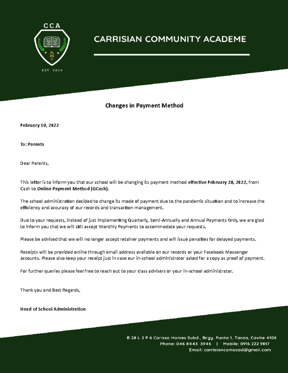 CCA Announcement Changes with Mode of Payment - Changes in Payment ...