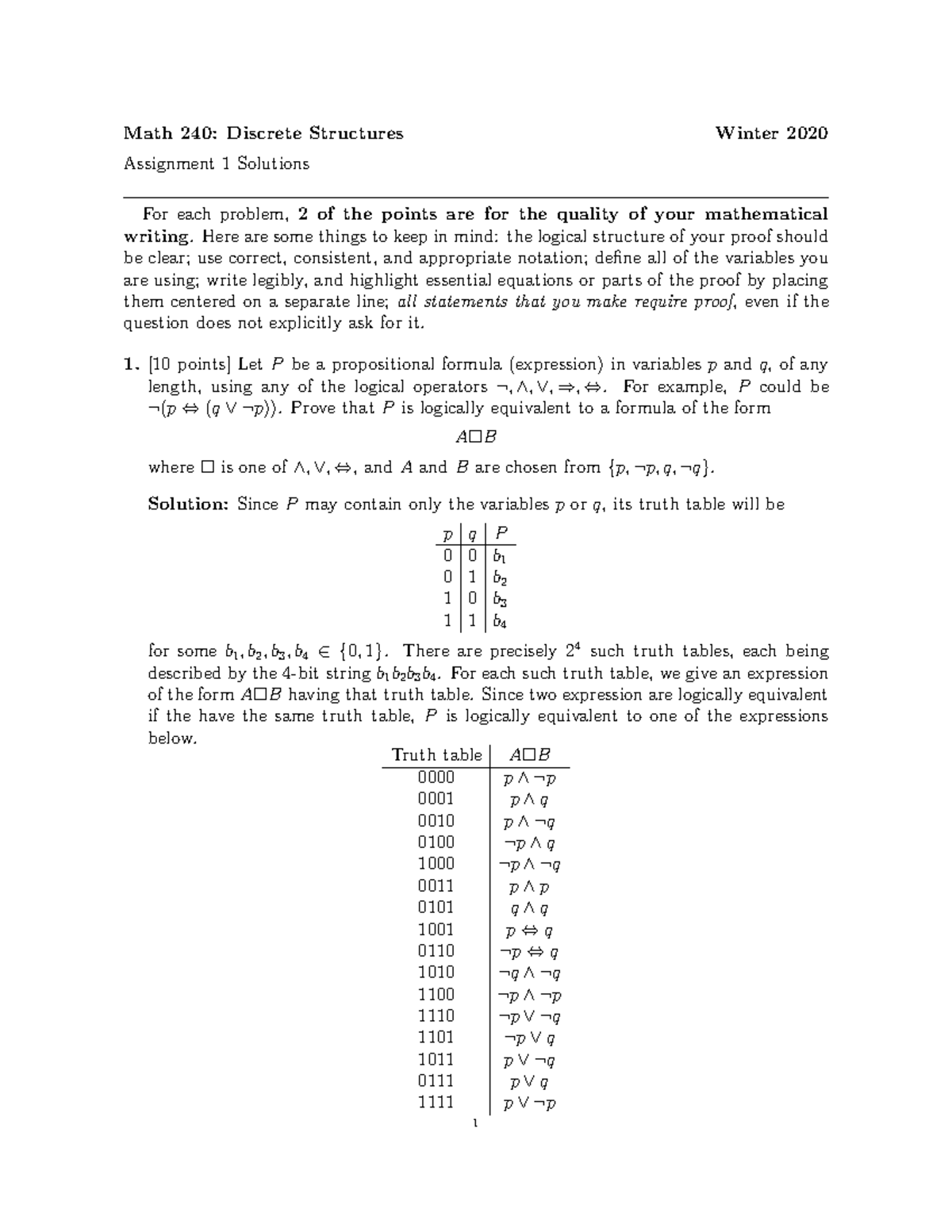 Assignment 1 Solutions winter 2020 - Math 240: Discrete Structures ...