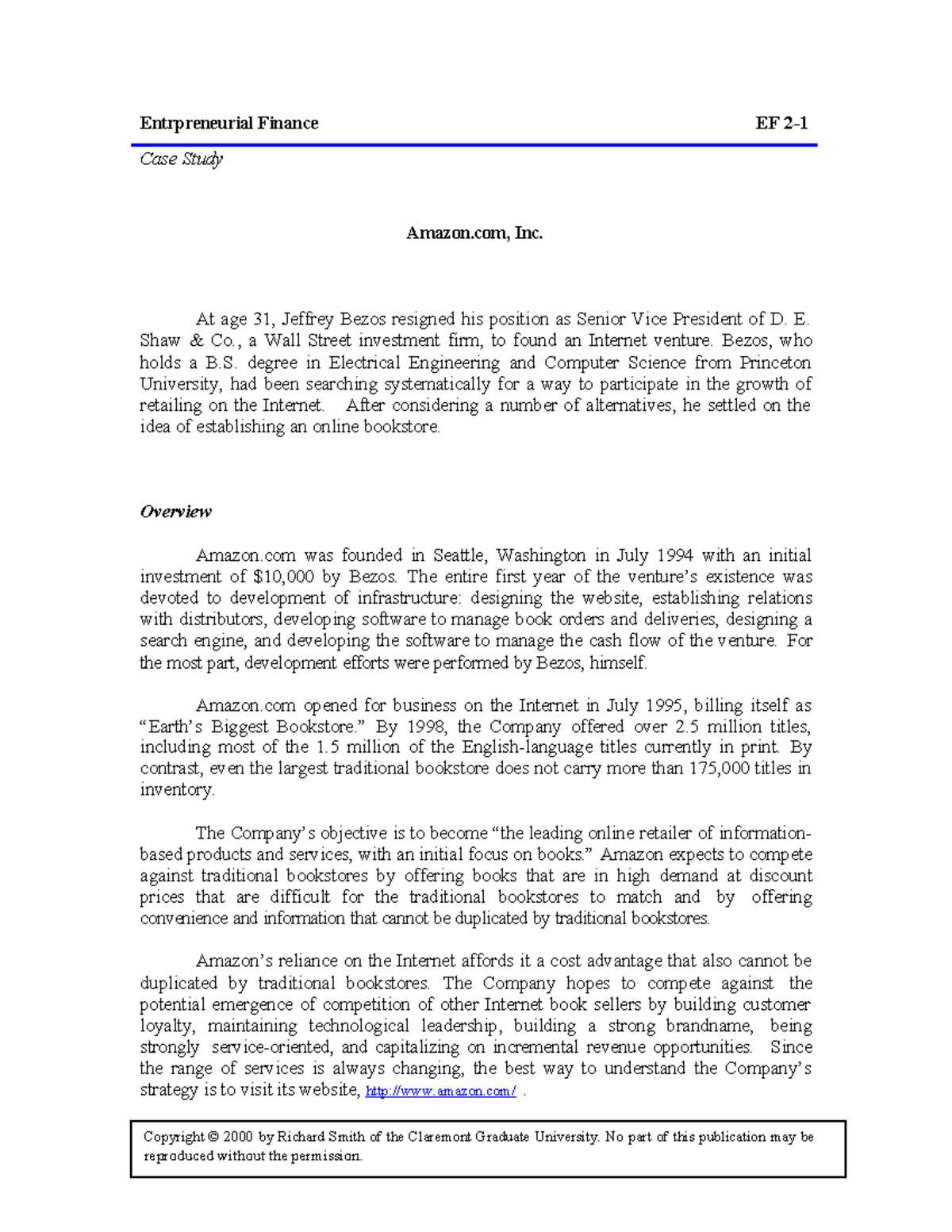 WZ1 Amazon case - Entrpreneurial Finance EF 2- Case Study Amazon, Inc ...