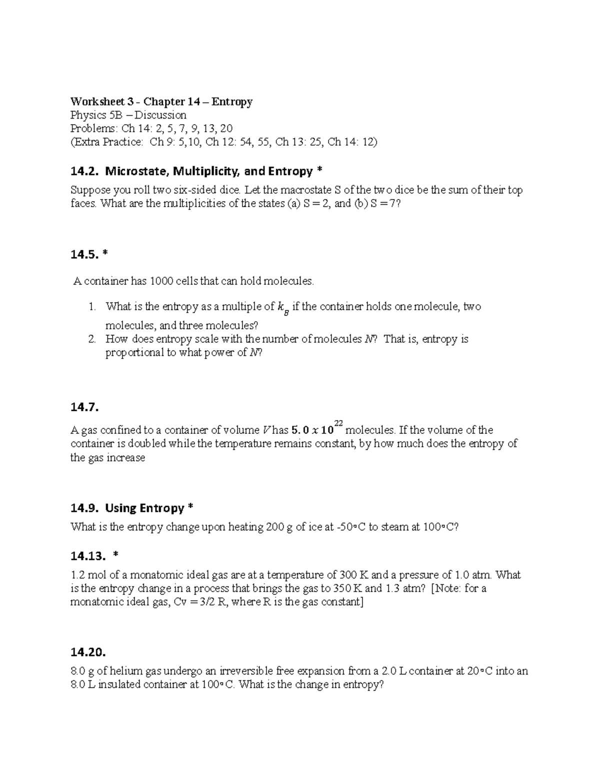 Physics 5B Discussion worksheet 3 - Worksheet 3 - Chapter 14 – Entropy ...