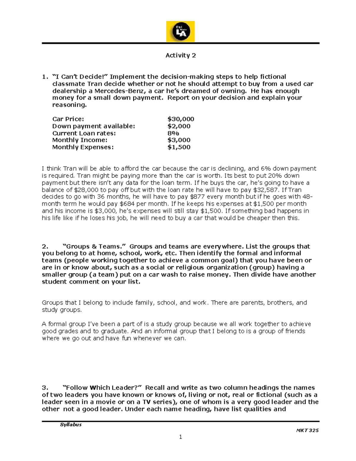 individual activity in class and take home - Activity 2 “I Can’t Decide ...