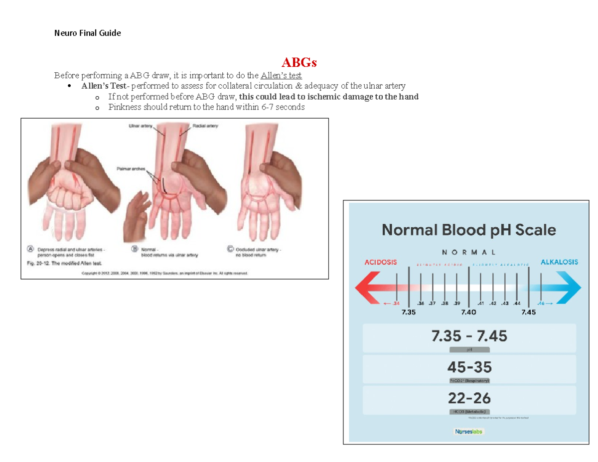 Neuro final guide - ABGs Before performing a ABG draw, it is important ...