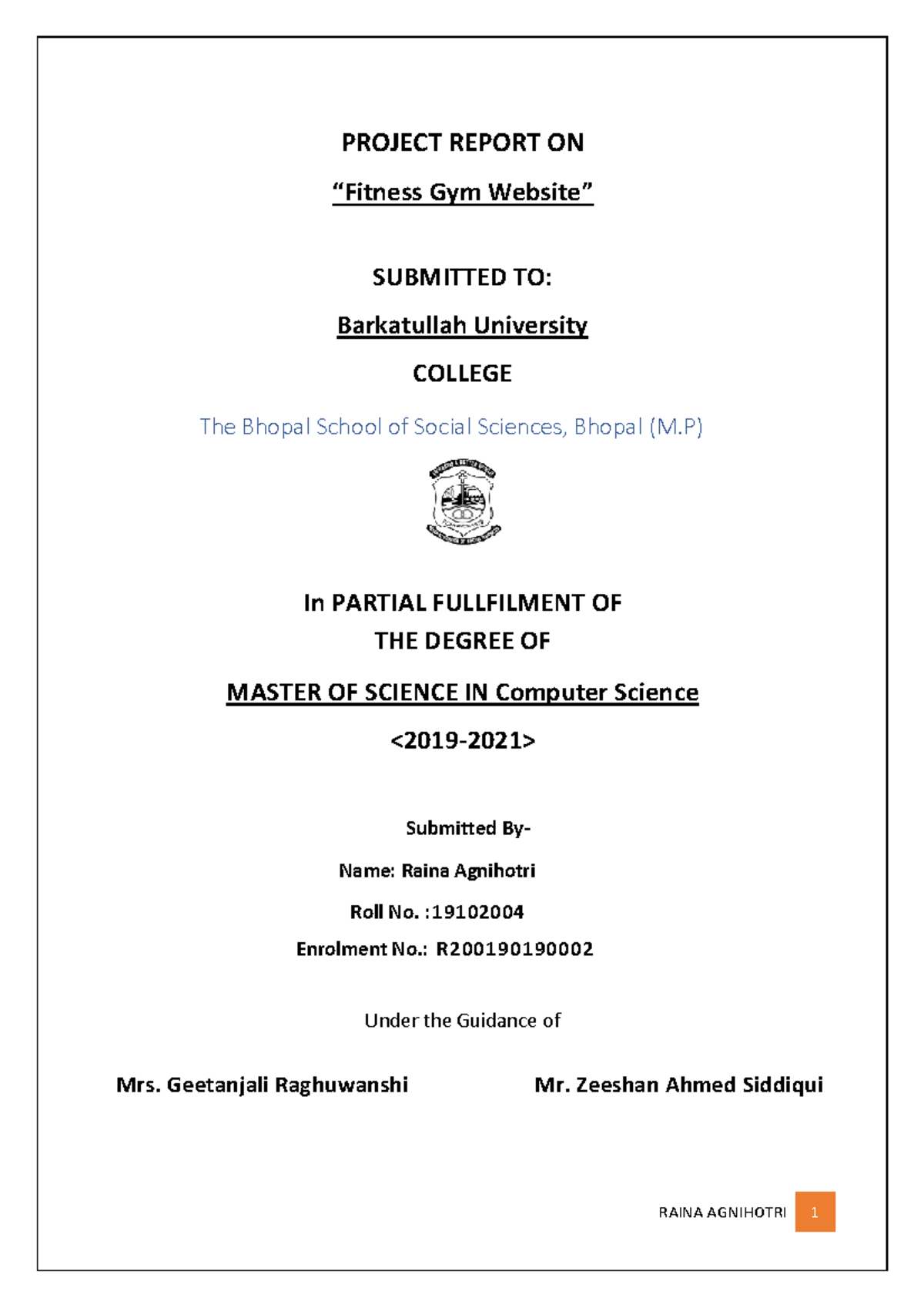 211 Raina Agnihotrigym - PROJECT REPORT ON “Fitness Gym Website ...