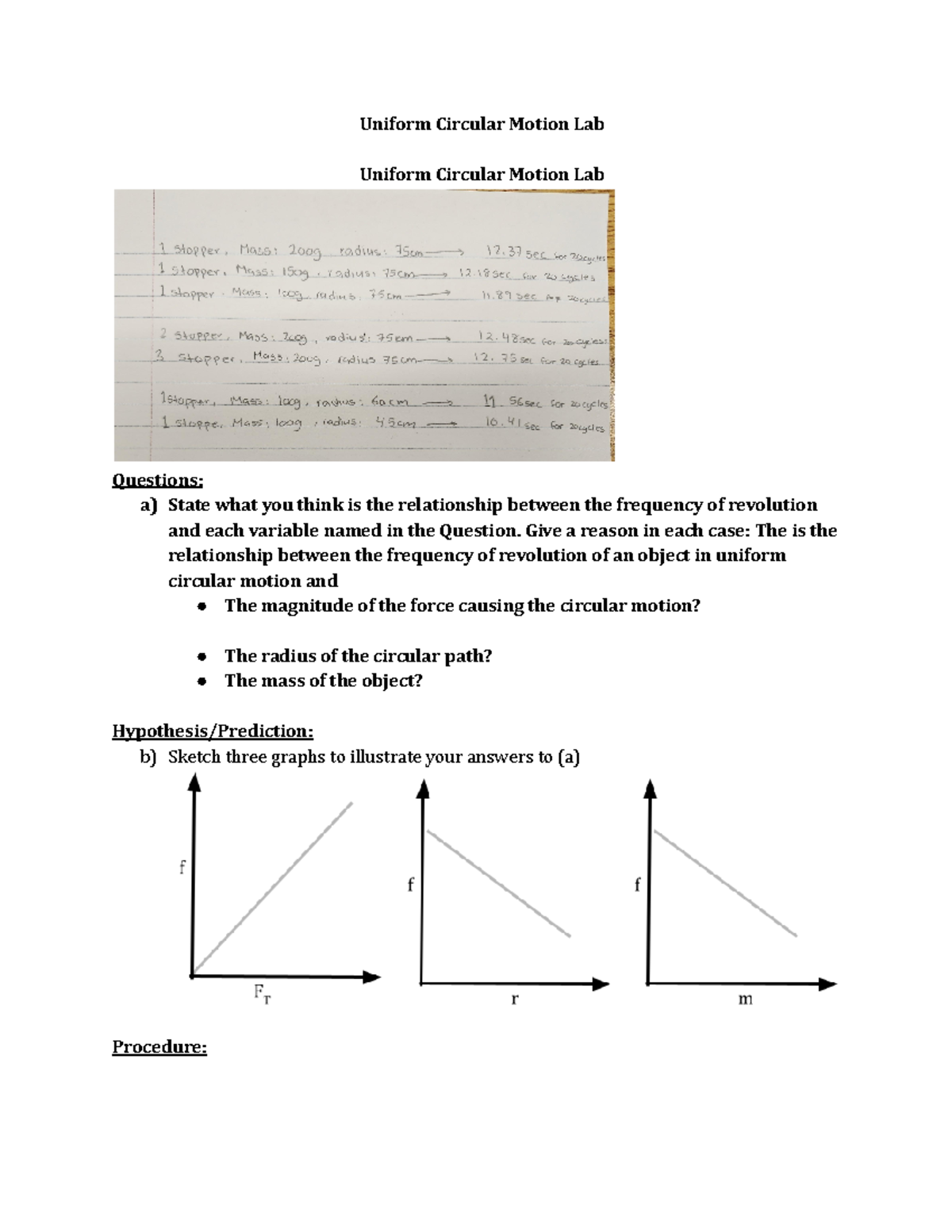 Uniform Circular Motion Lab - Uniform Circular Motion Lab Uniform ...