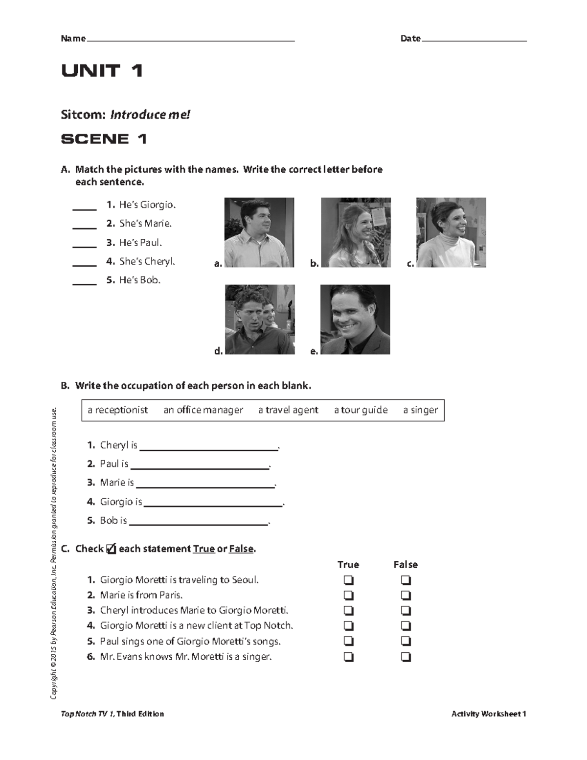 UNIT 01 Video Worksheets - UNIT 1 Sitcom: Introduce me! SCENE 1 A ...