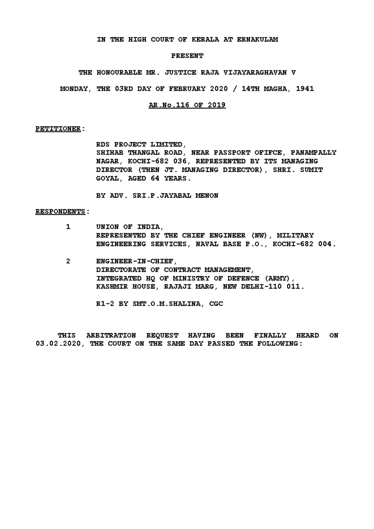 RDS Order - DOC TO CONSTU - IN THE HIGH COURT OF KERALA AT ERNAKULAM PRESENT THE HONOURABLE MR ...