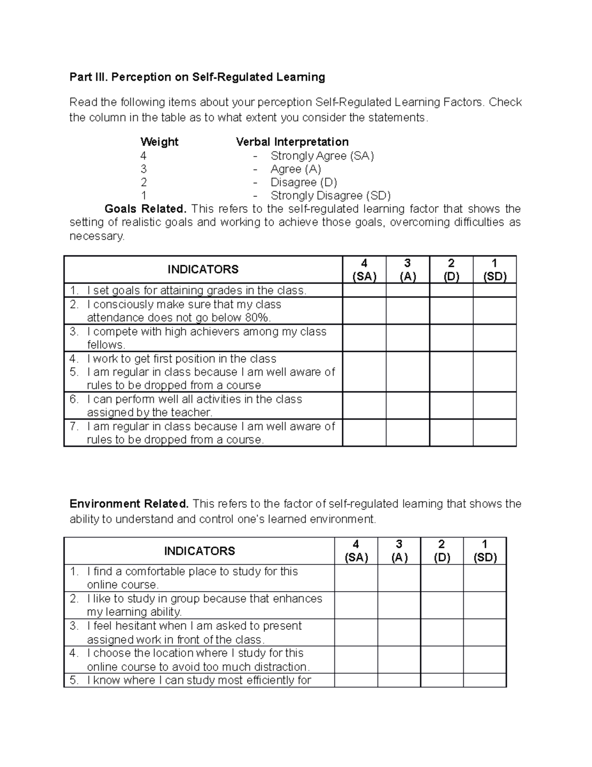 SELF Regulated Learning Factors - Part III. Perception on Self ...