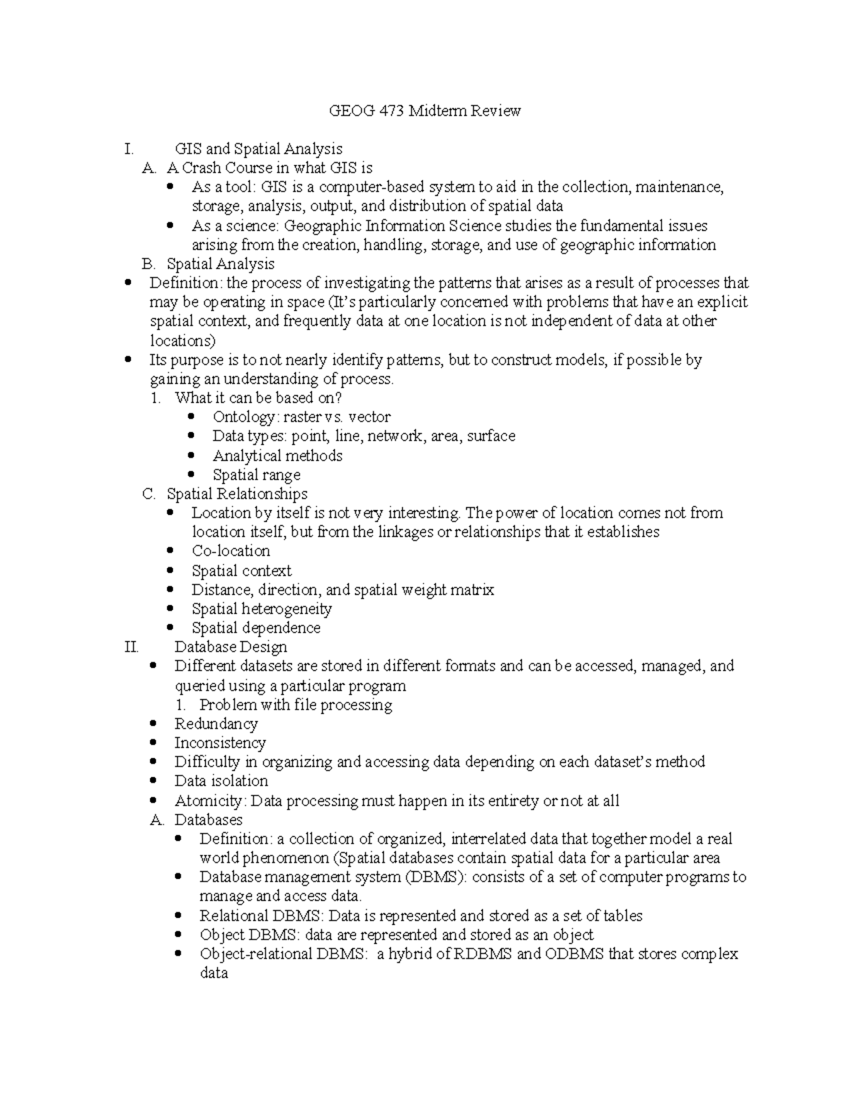 GEOG 473 Midterm Review (1st Half) - GEOG 473 Midterm Review I. GIS and Spatial Analysis A. A ...