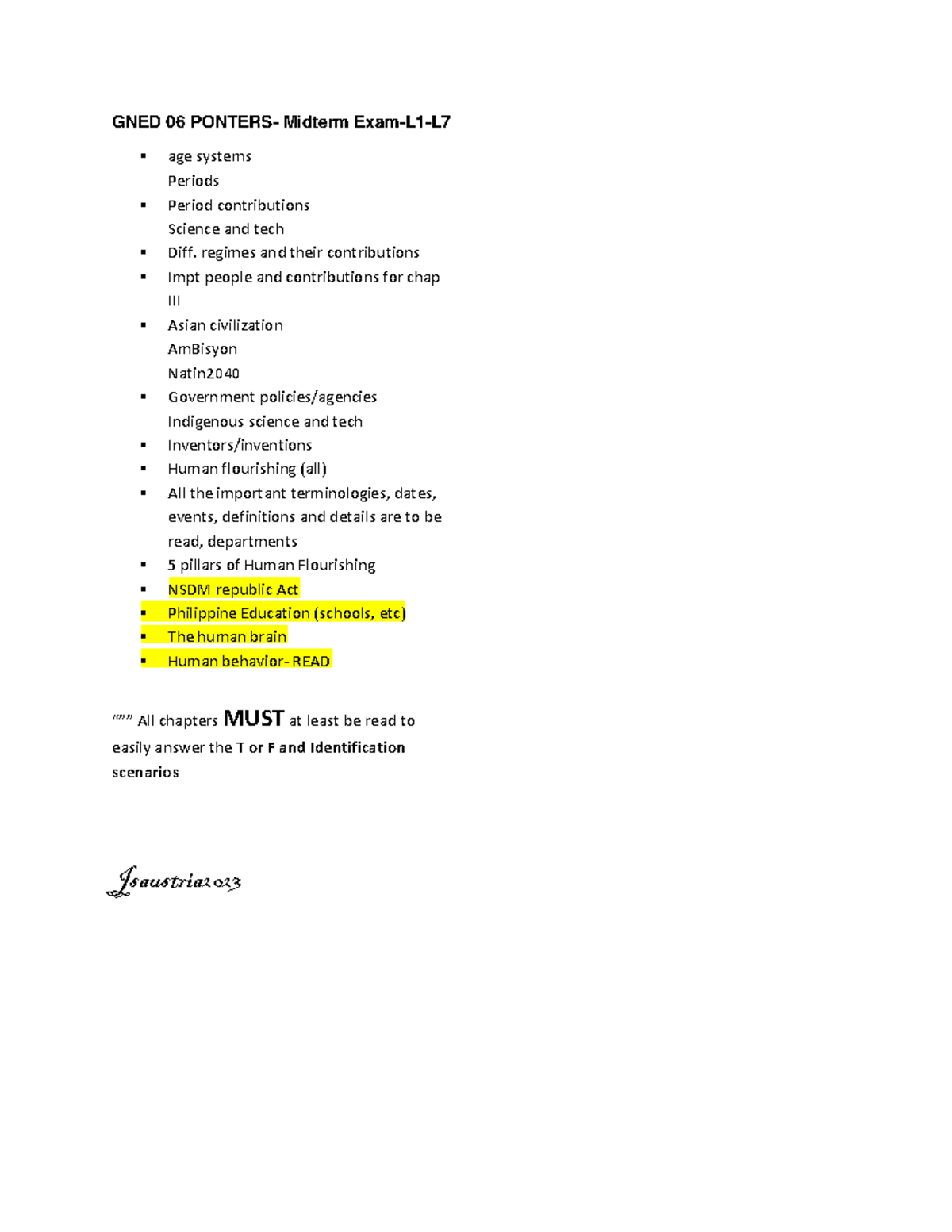 GNED 06 Ponters pdf - GNED 06 PONTERS- Midterm Exam-L1-L 7 age systems ...